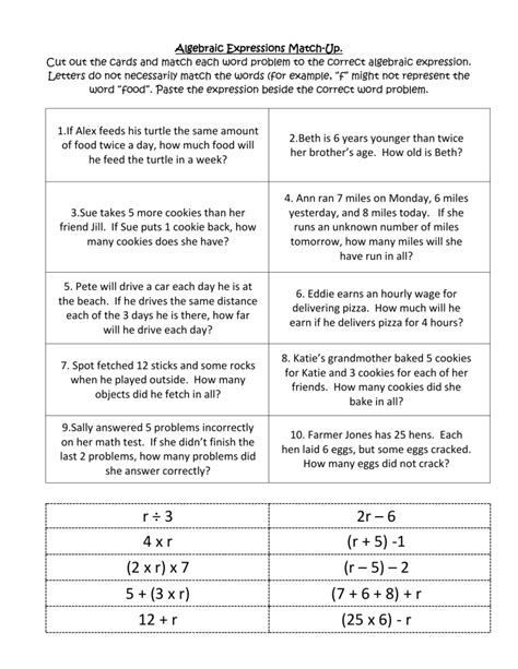 Algebraic Expressions Match Up Worksheet
