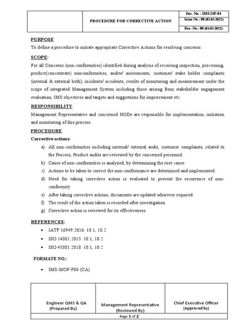 Ims Isp 04 Rev 00 Sop For Corrective Action Pdf Audit Evaluation