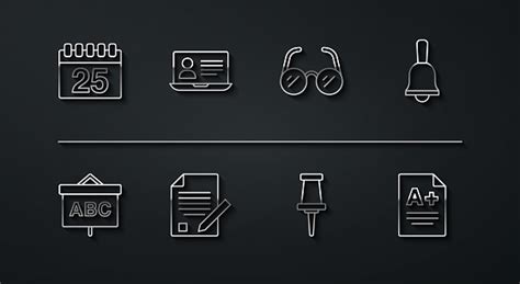 라인 달력 칠판 울리는 종 푸시 핀 시험지 및 연필 온라인 수업 A 플러스 등급 및 안경 아이콘 설정 벡터 검은색에 대한 스톡 벡터 아트 및 기타 이미지 Istock