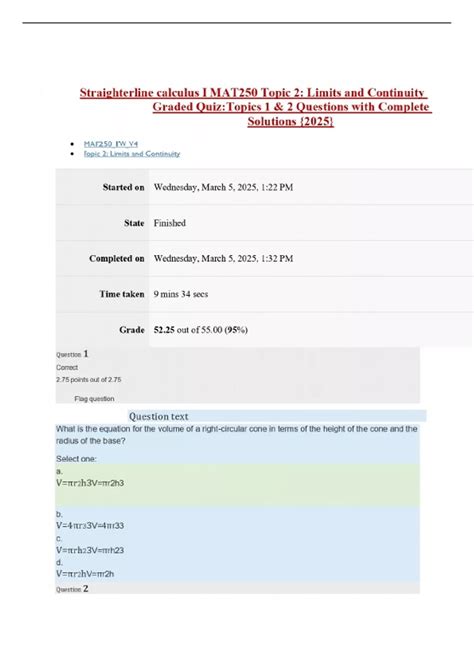 Straighterline Calculus I Mat250 Topic 2 Limits And Continuity Graded Quiz Topics 1 And 2