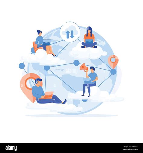 Business Outsourcing People Using Cloud System In Distant Work And Data Storage Flat Vector