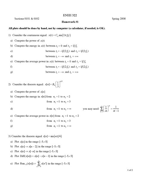Homework 1 Question For Signals And System Theory Enee 322 Docsity