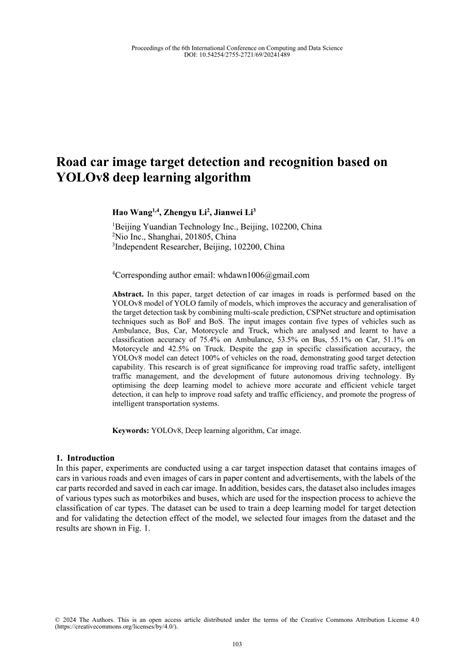 Pdf Road Car Image Target Detection And Recognition Based On Yolov8