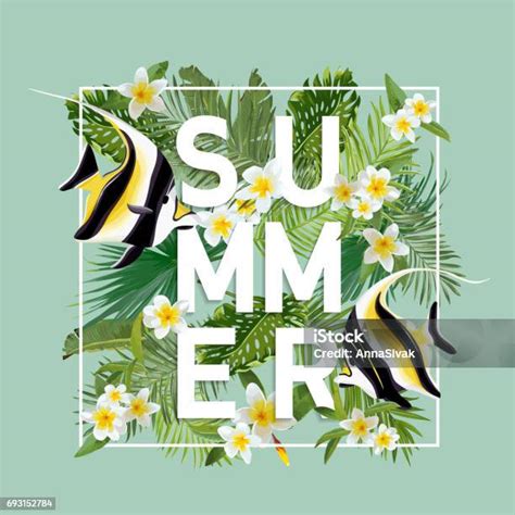 열 대 꽃과 이국적인 물고기 배경입니다 여름 디자인 벡터에서 T셔츠 패션 그래픽입니다 T 셔츠에 대한 스톡 벡터 아트 및 기타 이미지 Istock