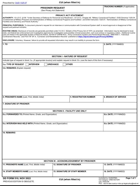 Dd Form 510 Prisoner Request Dd Forms