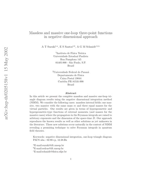 Pdf Massless And Massive One Loop Three Point Functions In Negative Dimensional Approach
