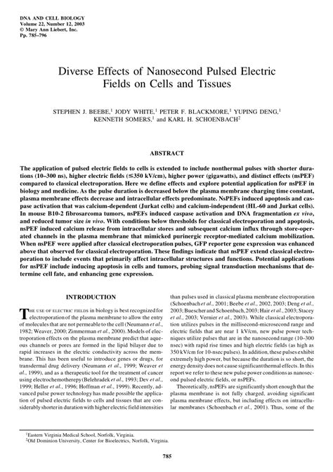 Pdf Diverse Effects Of Nanosecond Pulsed Electric Fields On Cells And Tissues