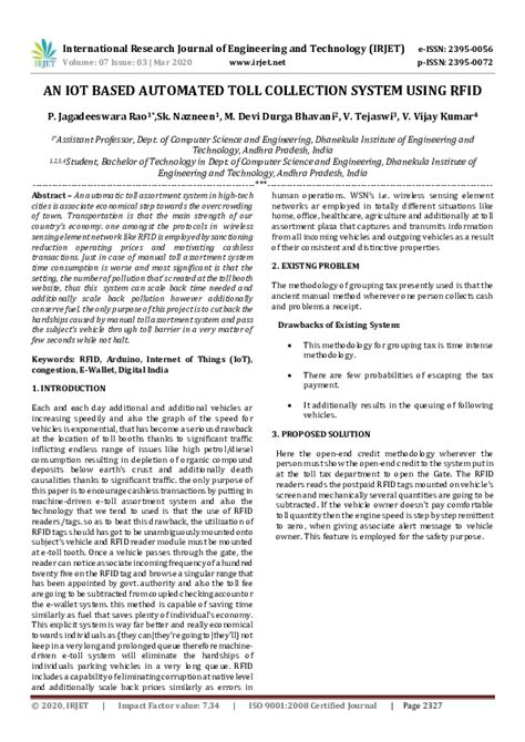 Pdf Irjet An Iot Based Automated Toll Collection System Using Rfid
