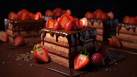 3d 렌더링된 이미지에서 딸기를 얹은 초콜릿 케이크 조각 케이크 조각 베이커리 케이크 디저트 배경 일러스트 및 사진 무료