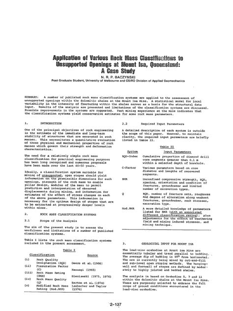 Aplication Of Various Rock Mass Calssifications To Unsupported Openings At Mount Isa