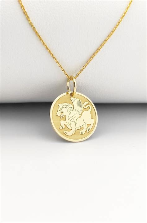 14k Gold Winged Lion Coin Necklace Engraved Mythology Pendant Etsy