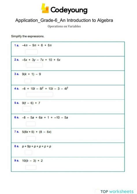 Operations On Variables Application Interactive Worksheet Topworksheets