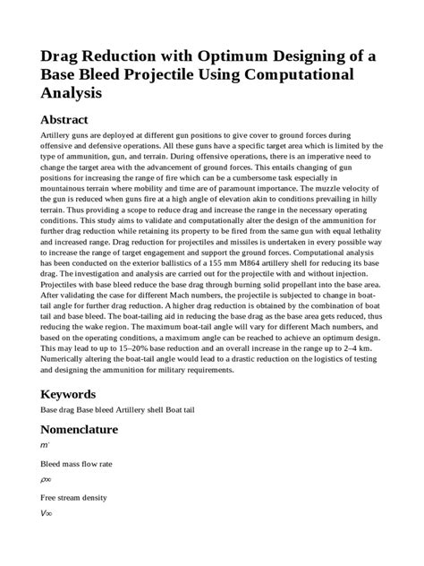 Drag Reduction With Optimum Designing Of A Base Bleed Projectile Using Computational Analysis