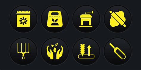 세트 가든 피치 포크 반죽에 롤링 핀 식물 손 밀 수동 커피 분쇄기 팩 전체 씨앗 식물 국자 밀가루와 아이콘 벡터 가방에 대한 스톡 벡터 아트 및 기타 이미지 Istock