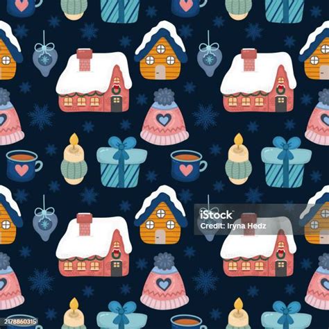 ลวดลายฤดูหนาวที่ไร้รอยต่อในสไตล์แบนพร้อมบ้าน เกล็ดหิมะ และองค์ประกอบคริสต์มาส สีสันสดใส