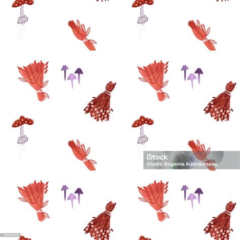 마녀 원활한 패턴입니다 말린 허브 말린 꽃 파리 Agarics 및 보라색 버섯으로 만든 물약 할로윈 포장지 가을 장식 직물과