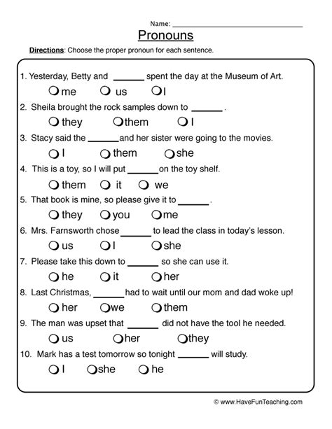 Pronoun Worksheets For Grade 1