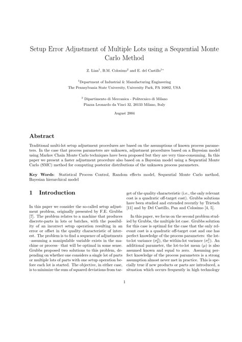 Pdf Setup Adjustment Of Multiple Lots Using A Sequential Monte Carlo Method