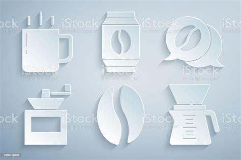 커피 원두를 설정하고 대화 수동 커피 분쇄기 메이커 가방 및 컵 아이콘을 부어 벡터 3차원 형태에 대한 스톡 벡터 아트 및 기타 이미지 3차원 형태 Brand Name