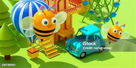 3d 만화 풍경 미니어처 장난감 마을 빈티지 자동차 열기구 관람차 만화 꿀벌 양식화 된 나무 장난스럽고 기발한 디자인 만화에