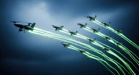 Futuristic Drone Swarm Flying In Formation With Luminous Green Data Trails Stock Illustration