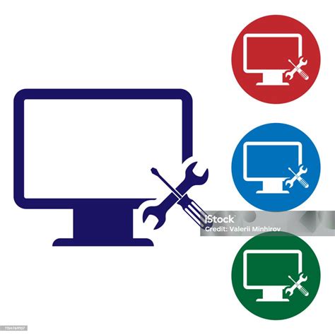 흰색 배경에 고립 된 드라이버와 렌치 아이콘 블루 컴퓨터 모니터 조정 서비스 설정 유지 보수 수리 및 수정 원 버튼의 색상 아이콘을 설정 합니다 벡터 일러스트 개념에 대한