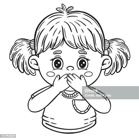 놀란 아이 소녀는 손으로 입을 닫고 말을 멈추고 침묵 제스처 라인 아이콘 두려움 충격 또는 놀라움 감정 딸꾹질 메스꺼움 비밀을 지키고 조용히하십시오 얼굴에 손바닥 아이