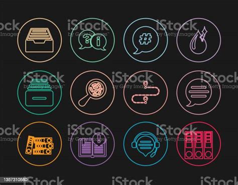 세트 줄 사무실 폴더 음성 거품 채팅 해시 태그 연설 돋보기 아래 미생물 문서 서랍 경로 위치 및 질문 및 느낌표 아이콘 벡터 0명에 대한 스톡 벡터 아트 및 기타 이미지