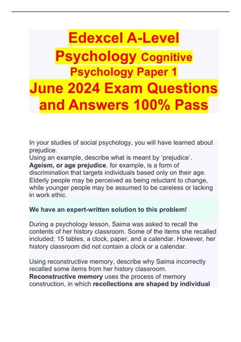Edexcel A Level Psychology Cognitive Psychology Paper 1 June 2024 Exam