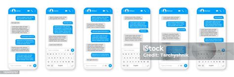 메시징 앱 디자인 사용자 인터페이스 Sms 텍스트 프레임입니다 파란색 메시지 거품 및 자리 표시자 텍스트로 대화 채팅 화면 소셜 미디어 응용 프로그램 벡터 일러스트레이션