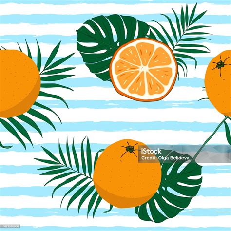 열 대와 완벽 한 오렌지 패턴 가로 줄무늬 바탕에 나뭇잎 손으로 그린 감귤 류의 그림입니다 인쇄 엽서 포스터 파티 여름 배경