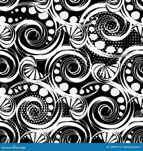 Spirals Abstract Black And White Vector Seamless Pattern Geometric Ornamental Halftone Dotted