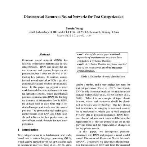 disconnected recurrent neural networks for text categorization acl