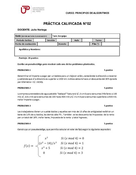 PA PC02 Principios DE Algoritmos CURSO PRINCIPIOS DE ALGORITMOS PRÁCTICA CALIFICADA N