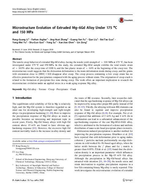 Pdf Microstructure Evolution Of Extruded Mg6gd Alloy Under 175 °c And 150 Mpa