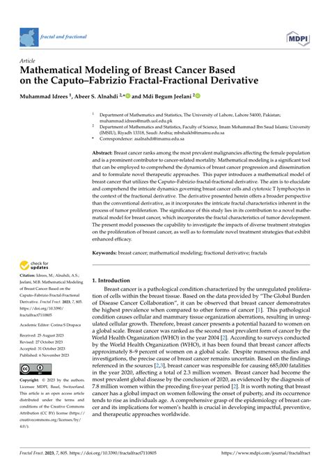 Pdf Mathematical Modeling Of Breast Cancer Based On The Caputo Fabrizio Fractal Fractional