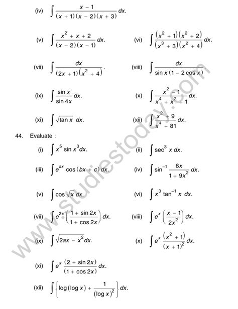 Cbse Class 12 Mathematics Integrals Worksheet Set A