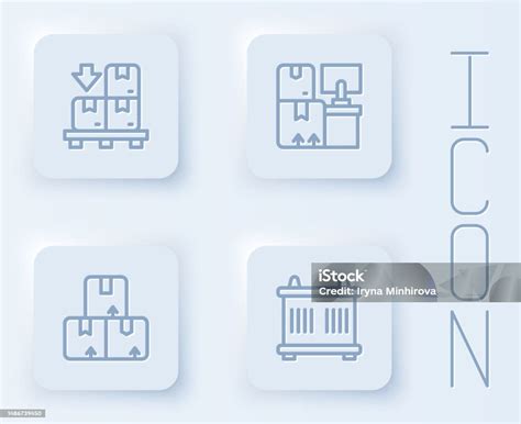 깔판 창고 판지 마분지 및 콘테이너에 선 마분지 상자를 놓으십시오 흰색 사각형 버튼입니다 벡터 공장 산업 건물에 대한 스톡 벡터 아트 및 기타 이미지 Istock