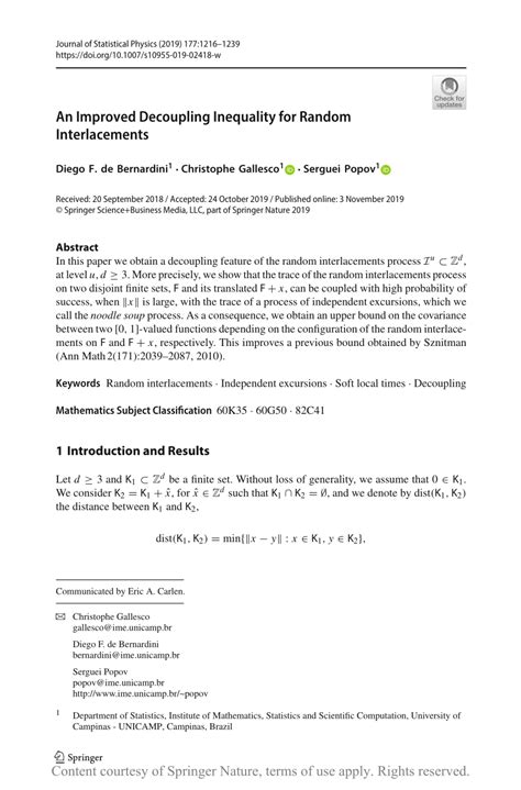An Improved Decoupling Inequality For Random Interlacements Request Pdf