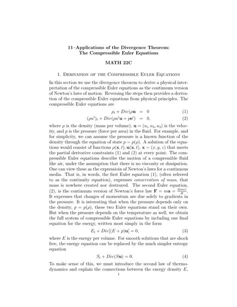 11 Applications Of The Divergence Theorem The Compressible Euler