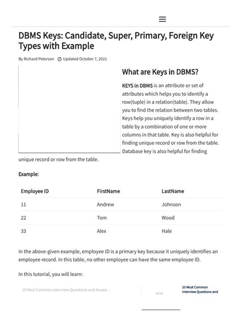 Dbms Keys Candidate Super Primary Foreign Key Types With Example Pdf Relational