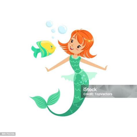 미소 인 작은 물고기와 수 중 수영 동화 빨간 머리 꼬리 해양 공주입니다 격리 된 평면 벡터 일러스트 레이 션 미소에 대한 스톡