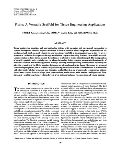 Pdf Fibrin A Versatile Scaffold For Tissue Engineering Applications