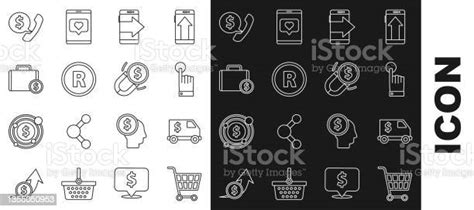 세트 라인 쇼핑 카트 장갑 트럭 손 터치 및 탭 제스처 스마트 폰 휴대 전화 등록 상표 서류 가방 돈 전화 단말기 음성 거품 채팅 및 자석 아이콘 벡터 아이콘에 대한 스톡