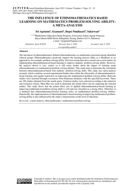 Pdf The Influence Of Ethnomathematics Based Learning On Mathematics Problem Solving Ability A