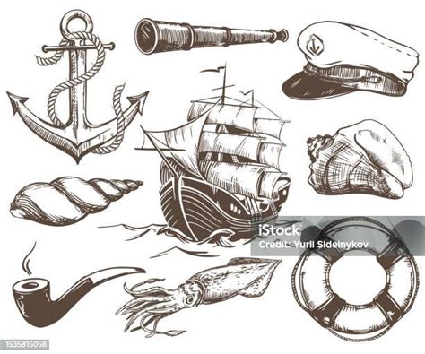 바다 어부의 삶의 요소 밧줄 선장의 모자 흡연 파이프 구명 부표 오징어 망원경 범선 조개로 닻을 내리십시오 빈티지 스타일의 벡터 그림 조각 효과 로고에 대한 스톡 벡터 아트