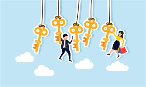 사업가가 전화기를 들고 열쇠를 쥐고 있는 끈에 매달려 있는 몇 개의 열쇠와 사업가가 상점 가방을 들고 열쇠를 쥐고 있는 모습은 솔루션에 대한 의존성을 나타냅니다 가방에 대한