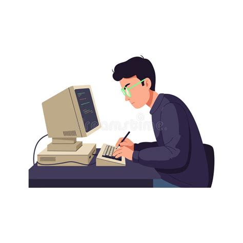 Young Man Coding On An Old Computer With Glasses In A Flat Vector Illustration Stock Vector
