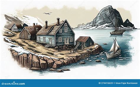 Hand Drawing Illustration Of Settlement In Mountains Stock Image