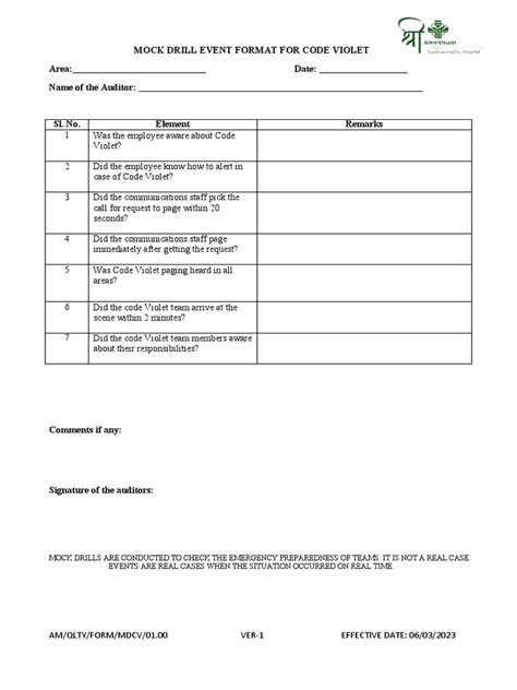 Code Violet Mock Drill Report Pdf
